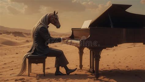 Horse Playing Piano In Desert Landscape Surreal Musical Performance