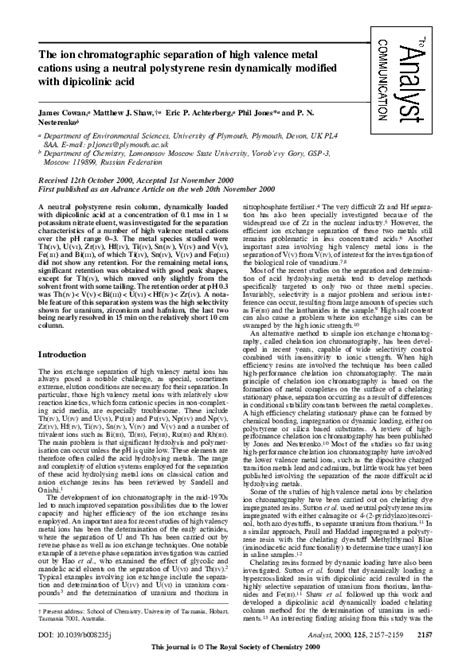 Pdf The Ion Chromatographic Separation Of High Valence Metal Cations
