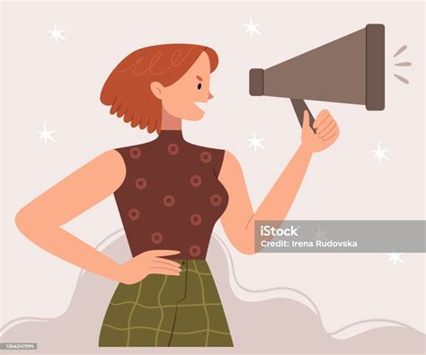라우드 스피커와 빨간 머리 소녀 한 여성이 자신의 권리를 외치고 있다 감정에 대한 스톡 벡터 아트 및 기타 이미지 감정 개념 개념과 주제 Istock