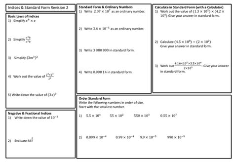 Gcse Higher Maths Revision Sheet Indices And Standard Form Teaching Resources