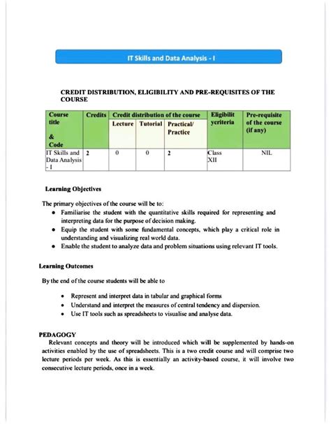 Syllabus IT Skills Data Analysis 1 IT Skills And Data Analysis 1 CREDLT DISTRIBUTION