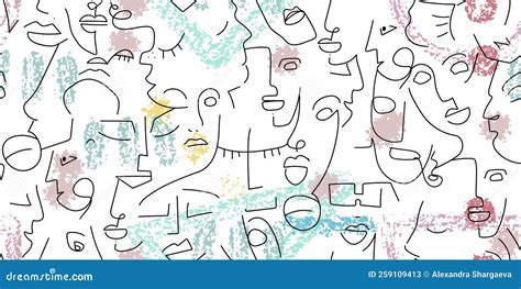 One Line Drawing Abstract Face Seamless Pattern Stock Vector Illustration Of Face Mouth
