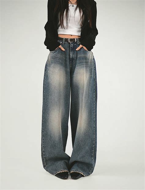 트루 스티치 포켓 힙 워싱 와이드 데님진 에이블리