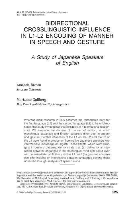 Pdf Bidirectional Crosslinguistic Influence In L1 L2 Encoding Of Manner In Speech And Gesture