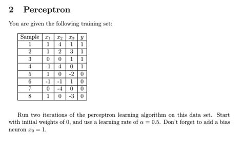 2 Perceptron You Are Given The Following Training Set Sample X1 X2 X3 Y 1 1 4 1 1 2 1 2 3 1 3 0