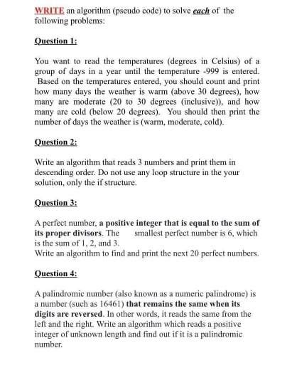 solved write an algorithm pseudo code to solve each of the