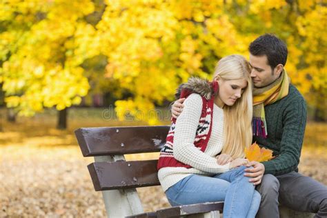 Liebevoller Junger Mann Der Sch Chterne Frau Auf Parkbank W Hrend Des