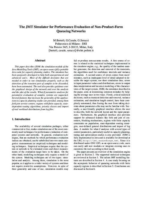 Pdf The Jmt Simulator For Performance Evaluation Of Non Product Form Queueing Networks