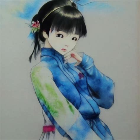 美丽的小女孩踩着赛博朋克滑板上面带着小奶狗 Water Color Arthub ai