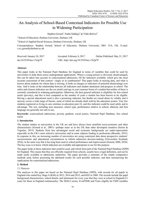 Pdf An Analysis Of School Based Contextual Indicators For Possible Use In Widening Participation