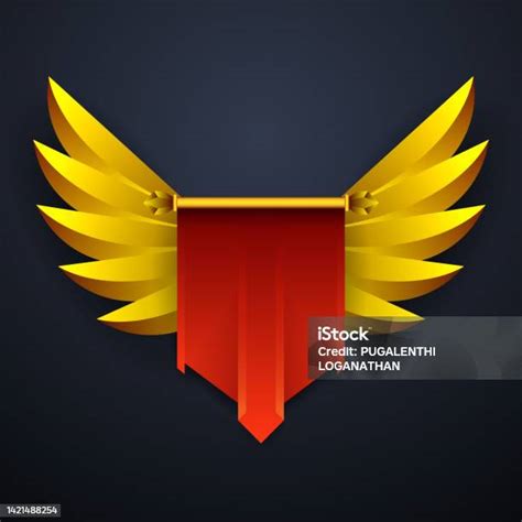 게임 Ui 디자인을위한 금 날개가있는 판타지 레드 페넌트 플래그 배너 금 금속에 대한 스톡 벡터 아트 및 기타 이미지 금