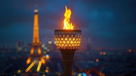 Olympic Flame Torch Atop Eiffel Tower Symbol Of International Sports And Unity Stock