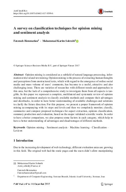 Pdf A Survey On Classification Techniques For Opinion Mining And Sentiment Analysis