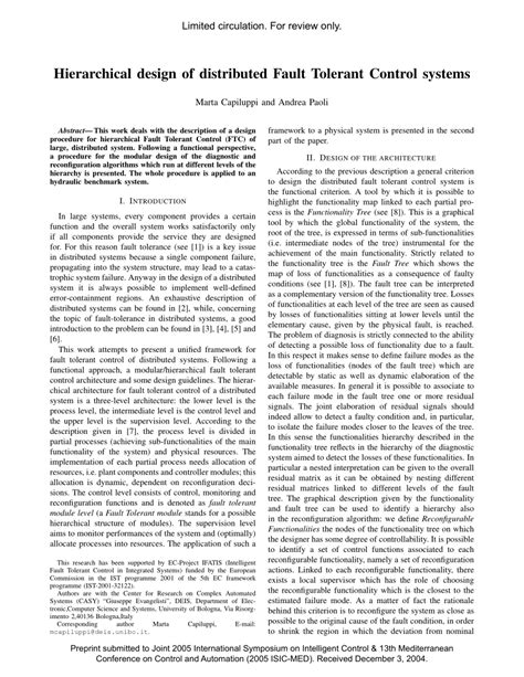 Pdf Hierarchical Design Of Distributed Fault Tolerant Control Systems