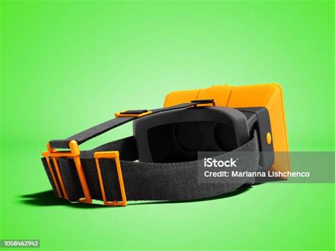현대 오렌지 가상 현실 안경 해결을 위한 결박에 그림자와 녹색 배경에 3d 렌더링을 머리 3차원 형태에 대한 스톡 사진 및 기타 이미지 3차원 형태 가상현실 가상현실