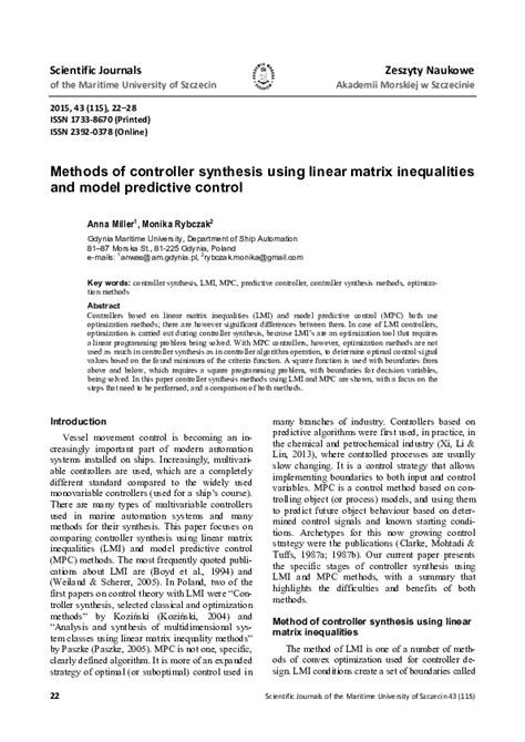 Pdf Methods Of Controller Synthesis Using Linear Matrix Inequalities And Model Predictive Control