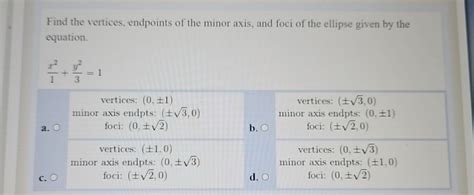Solved Find The Vertices Endpoints Of The Minor Axis And Chegg Com