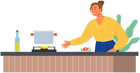 요리를 준비하고 부엌에서 음식을 만드는 여자 주부는 냄비와 요리 수프가 있는 스토브 근처에 서 있습니다 가사 집안일에 대한 스톡