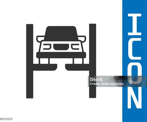 흰색 배경에 고립 된 리프트 아이콘에 회색 수리 자동차 언더바디 서스펜션 휠 및 엔진의 수리 벡터 0명에 대한 스톡 벡터 아트