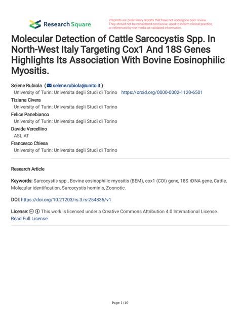 Pdf Molecular Detection Of Cattle Sarcocystis Spp In North West Italy Targeting Cox1 And 18s