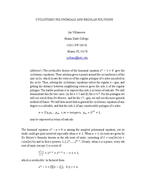 Cyclotomic Polynomials And Regular Polygons Jay Villanueva Pdf Mathematical Analysis