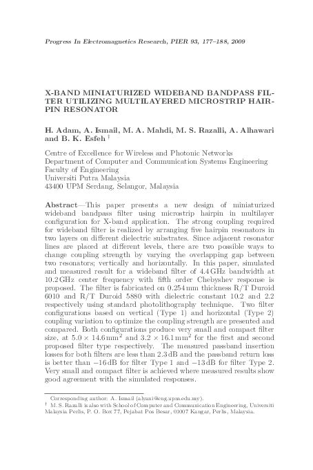Pdf X Band Miniaturized Wideband Bandpass Fil Ter Utilizing Multilayered Microstrip Hair Pin