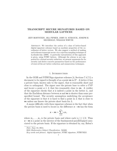 Pdf Transcript Secure Signatures Based On Modular Lattices