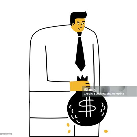 달러 기호가 달린 돈 가방을 들고있는 사업가 교활한 성격 벡터 개념 선형 낙서 손으로 그린 그림 흰색에 검은 색과 노란색 가방에 대한 스톡 벡터 아트 및 기타 이미지