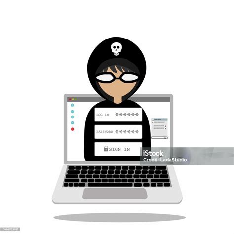 Cybercriminal Hacker With Laptop Stealing Personal Data Of User Vector Illustration Stock