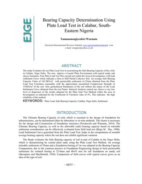 Pdf Bearing Capacity Determination Using Plate Load Test In Calabar South Eastern Nigeria
