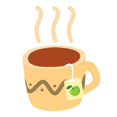 Funny Cartoon Mug With Hot Tea Cute Vector Illustration In Flat Style Beige Brown And Green