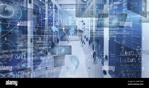 Image Of Scopes On Screens Mathematical Equations And Data Processing Over Computer Servers