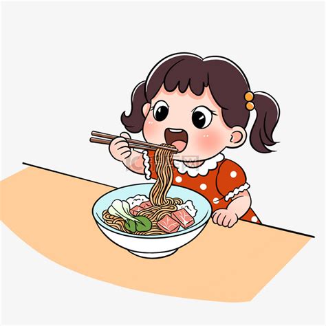 大口吃面条的小女孩好吃美食设计素材图片免费下载 千库网
