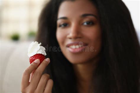 Woman Holds Strawberry With Cream In Her Hand Stock Image Image Of Fruity Concept