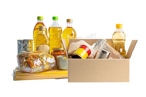 기부 보관 및 배달을위한 식품 골판지 상자에 다양한 음식 파스타 식도유 및 통조림 식품 0명에 대한 스톡 사진 및 기타 이미지