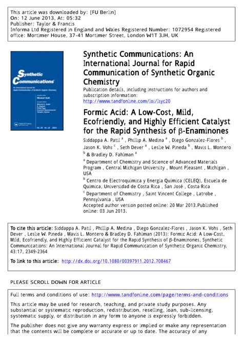 Pdf Cheminform Abstract Formic Acid A Low Cost Mild Ecofriendly And Highly Efficient