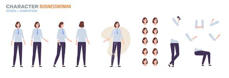 애니메이션을 위한 사업가 캐릭터입니다 다양한 전망 얼굴 감정 포즈와 제스처로 설정 제작 조립식 완구에 대한 스톡 벡터 아트 및