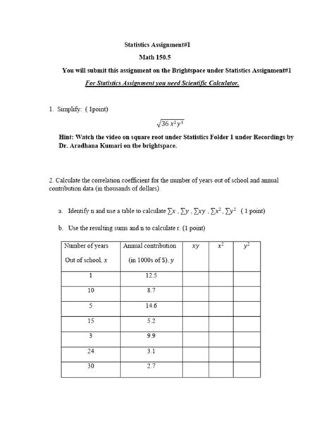 Statistics Assignment 1 Square Root Correlation Coefficient And Linear Regression Pdf