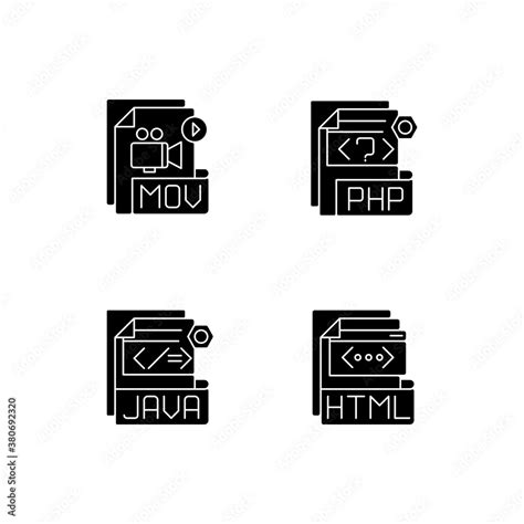 File Types Black Glyph Icons Set On White Space MOV PHP JAVA HTML Video Web Executable