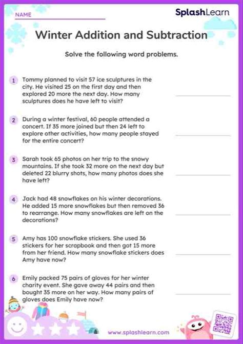 Add And Subtract Within 100 Winter Word Problems Worksheet