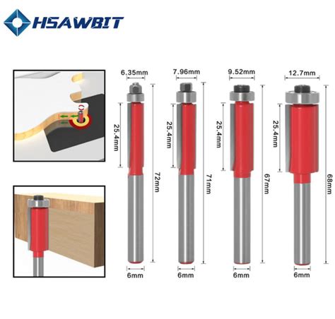 Набор Фрез по дереву 4шт Фреза кромочная прямая с нижним подшипником хвостовик 6мм Hsawbit