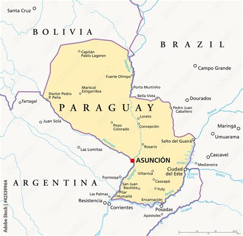 Paraguay Political Map With Capital Asuncion National Borders Most Important Cities Rivers