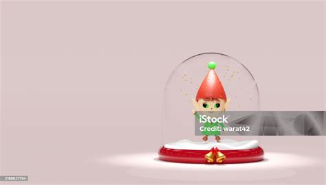 분홍색 배경에 고립 된 엘프와 투명 한 3d 스노우 글로브 유리 포스터 또는 행복 카드 메리 크리스마스 축제 새해 개념 3d 렌더링 일러스트 12월에 대한 스톡 사진 및