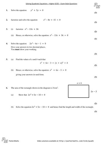 Solving Quadratic Equations Higher Gcse Exam Style Questions Teaching Resources