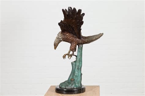 Life Size Bronze Sculpture Of A Diving Eagle On Black Marble Base For