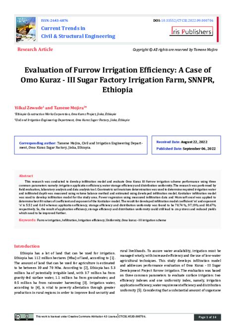 Pdf Evaluation Of Furrow Irrigation Efficiency A Case Of Omo Kuraz Iii Sugar Factory