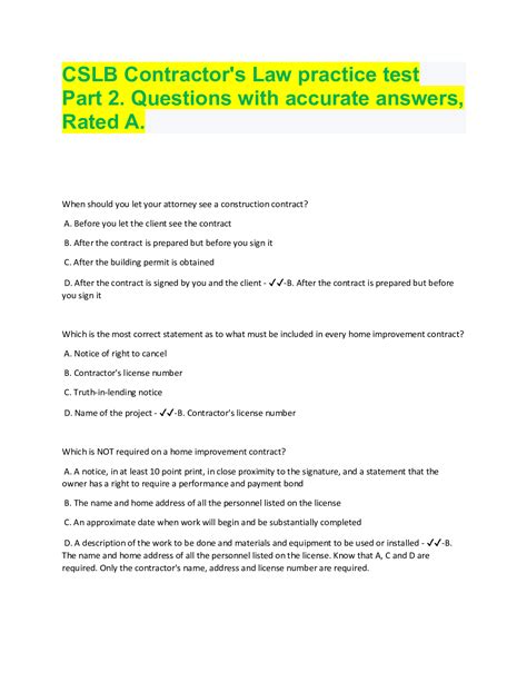 Cslb Contractors Law Practice Test Part 2 Questions With Accurate