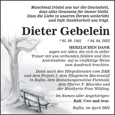 Traueranzeigen Von Dieter Gebelein Abschied Nehmende