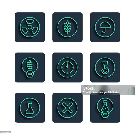 세트 라인 시험관 및 플라스크 X 마크 원형의 십자가 우산 시계 글루텐 프리 곡물 방사성 및 산업용 후크 아이콘이있는 배달 패키지 벡터 건강 진단에 대한 스톡 벡터 아트 및