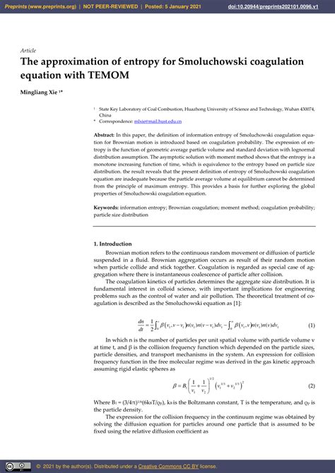 Pdf The Approximation Of Entropy For Smoluchowski Coagulation Equation With Temom